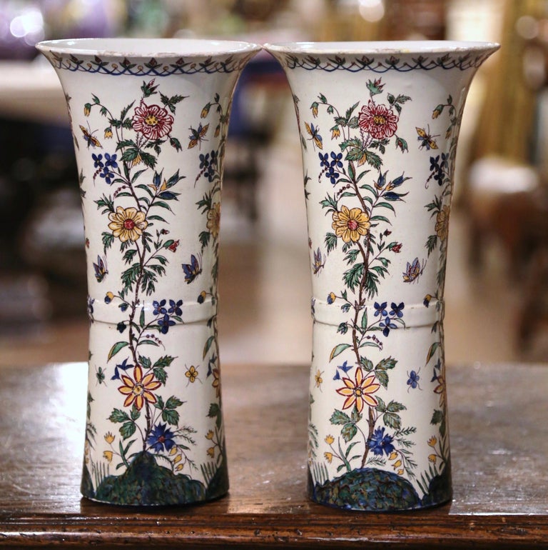 Pair of 19th Century French Hand Painted Faience Trumpet Vases from ...