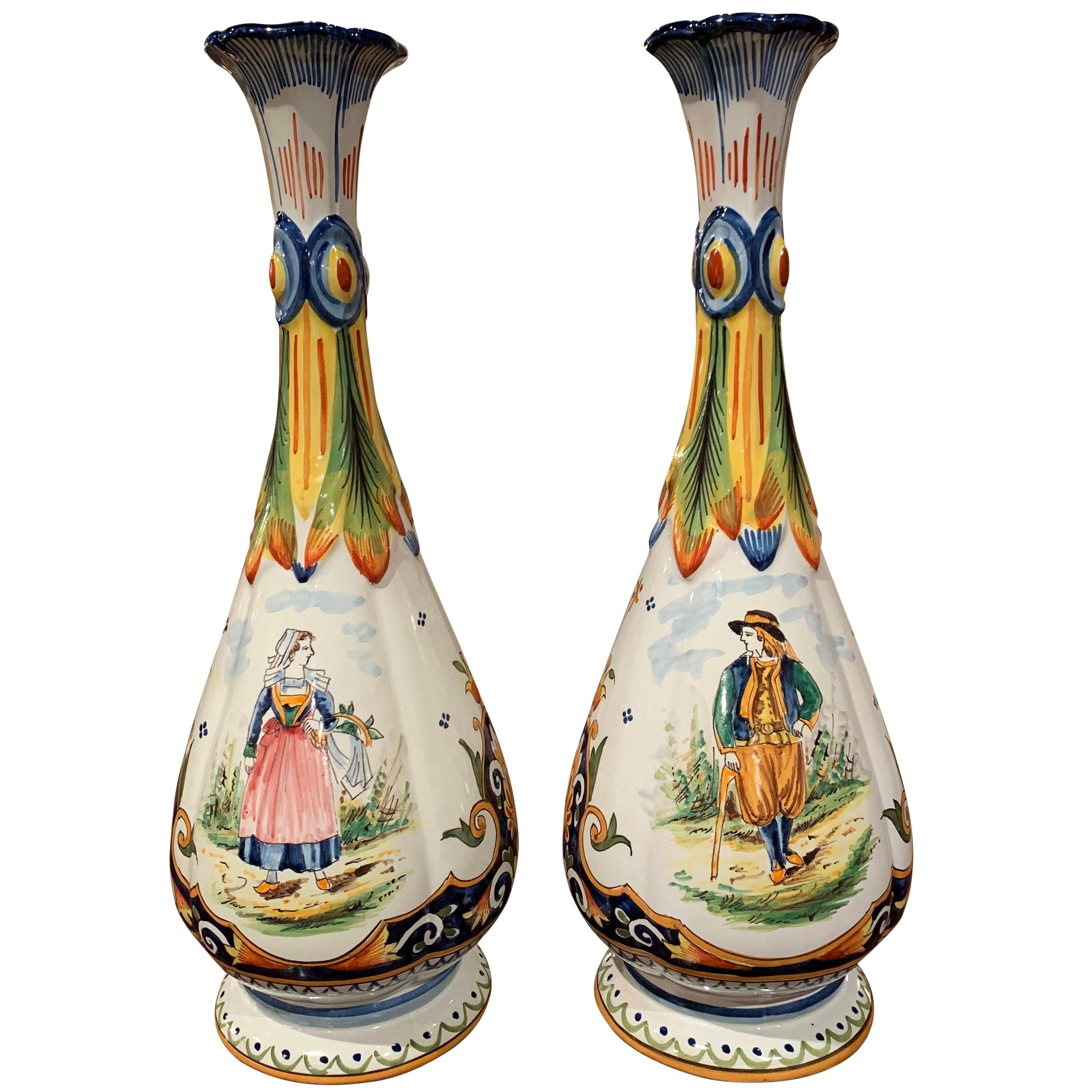 Pair of 19th Century French Hand Painted Faience Vases from Brittany at ...