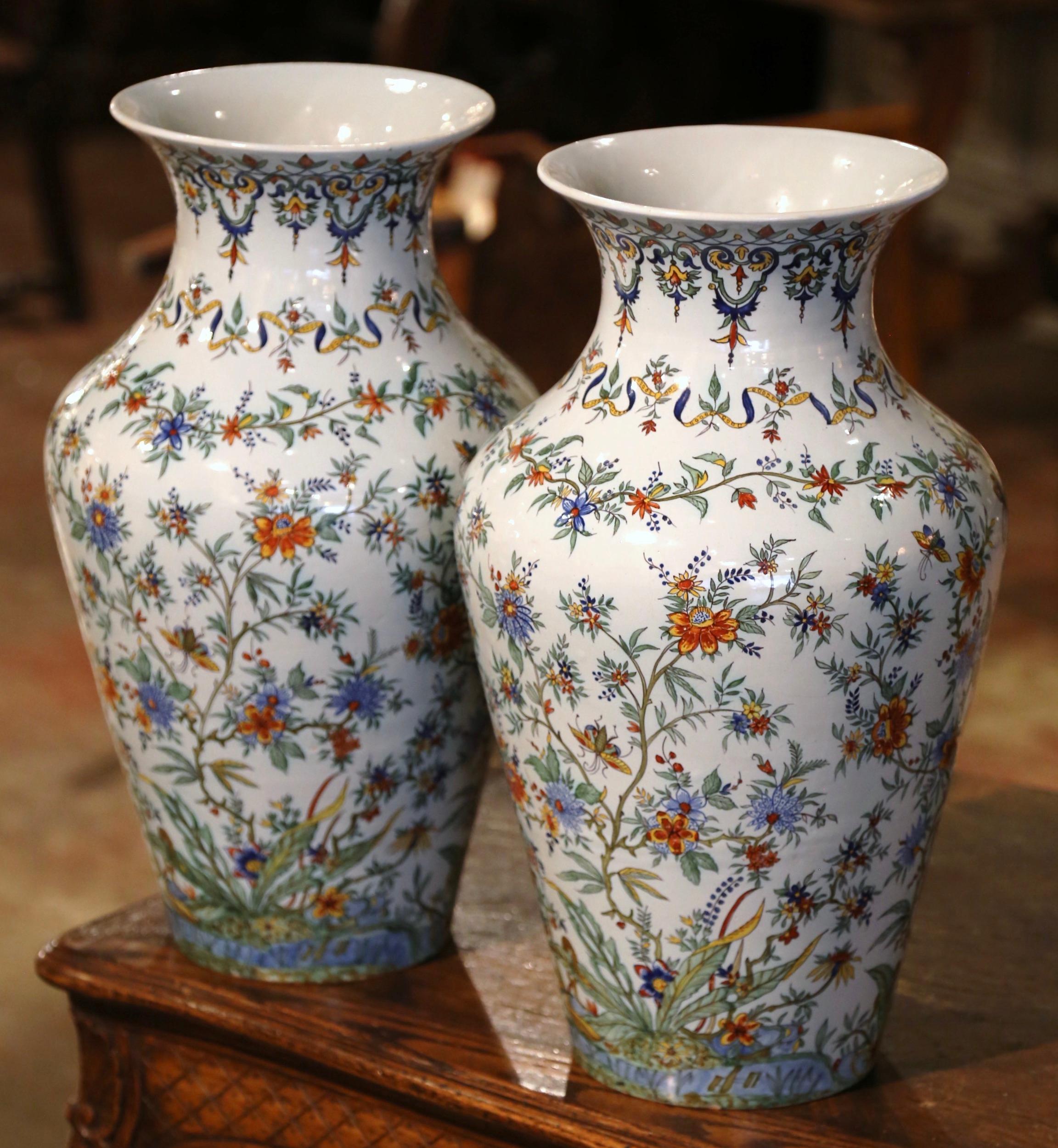 Pair of 19th Century French Hand Painted Faience Vases from Normandy ...