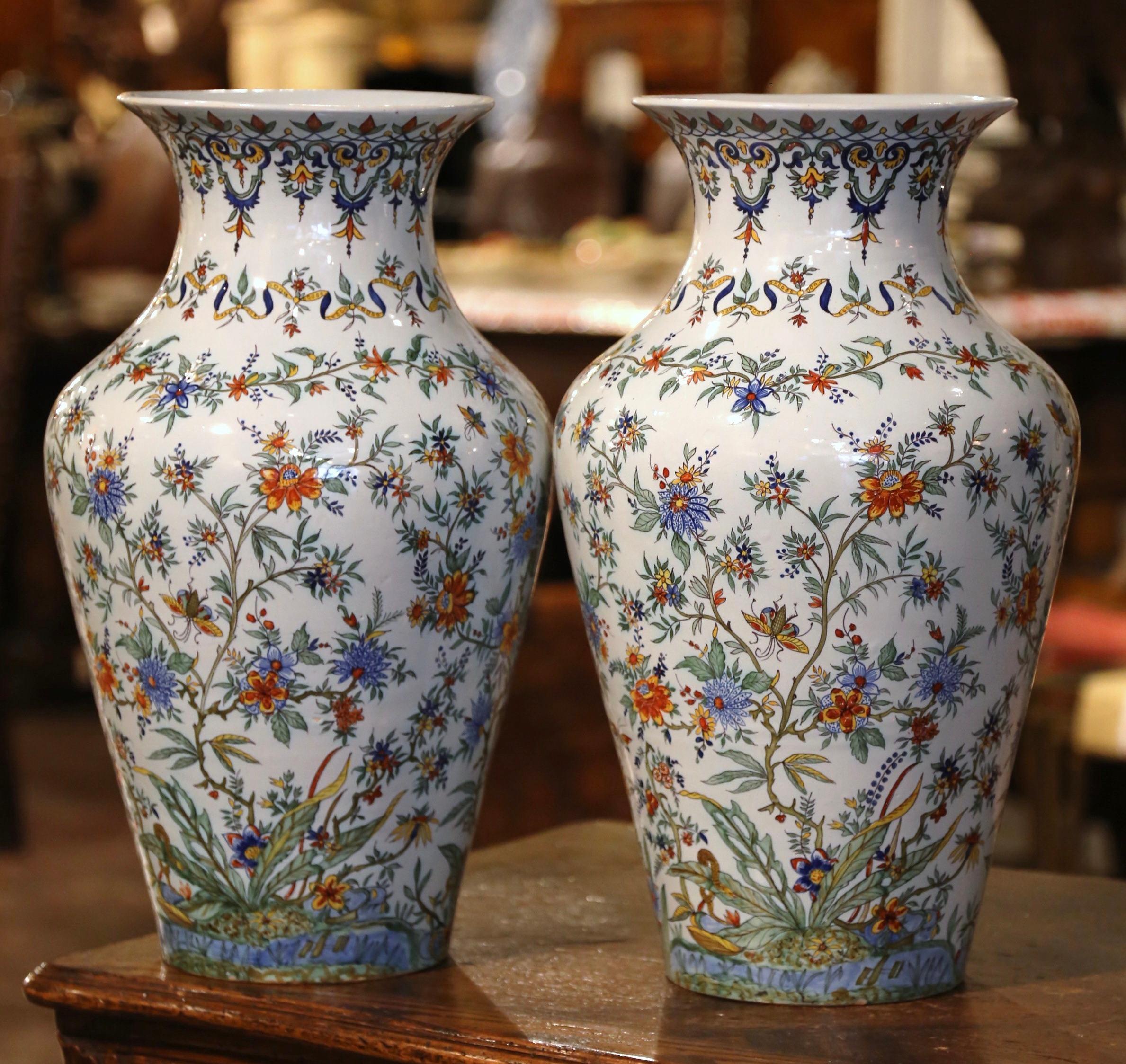 Pair of 19th Century French Hand Painted Faience Vases from Normandy ...