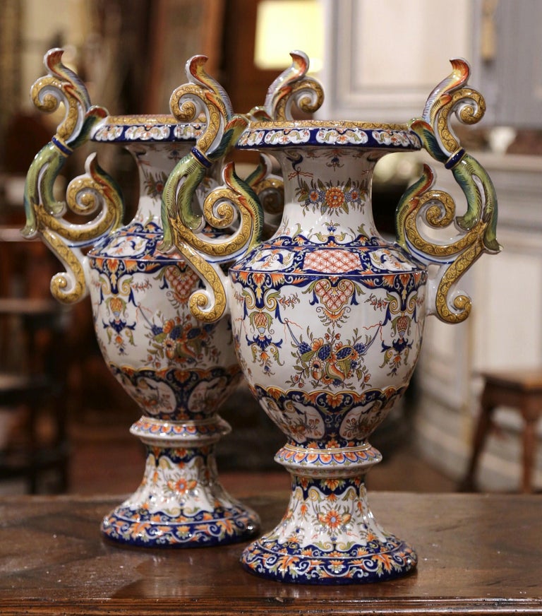 Pair of 19th Century French Hand Painted Faience Vases from Rouen at 1stDibs