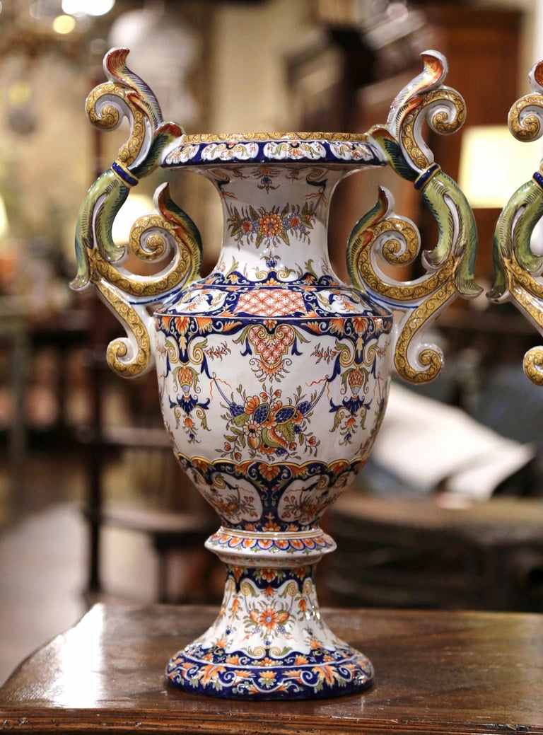 Pair of 19th Century French Hand Painted Faience Vases from Rouen at ...