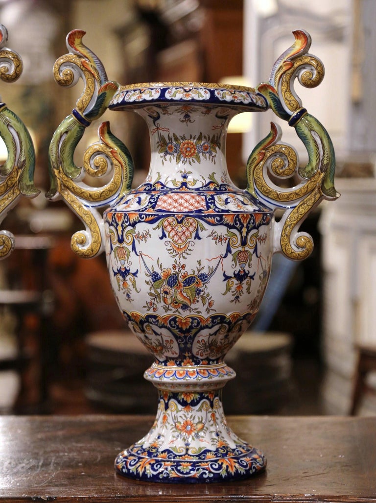 Pair of 19th Century French Hand Painted Faience Vases from Rouen at 1stDibs