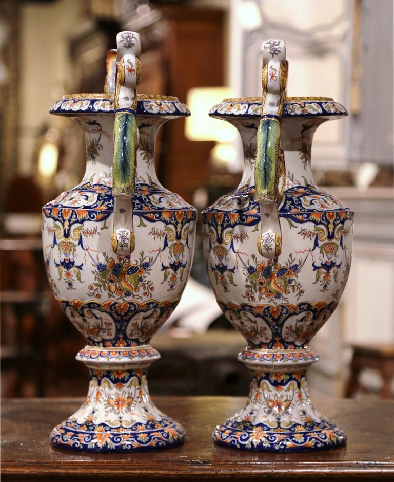 Pair of 19th Century French Hand Painted Faience Vases from Rouen at ...