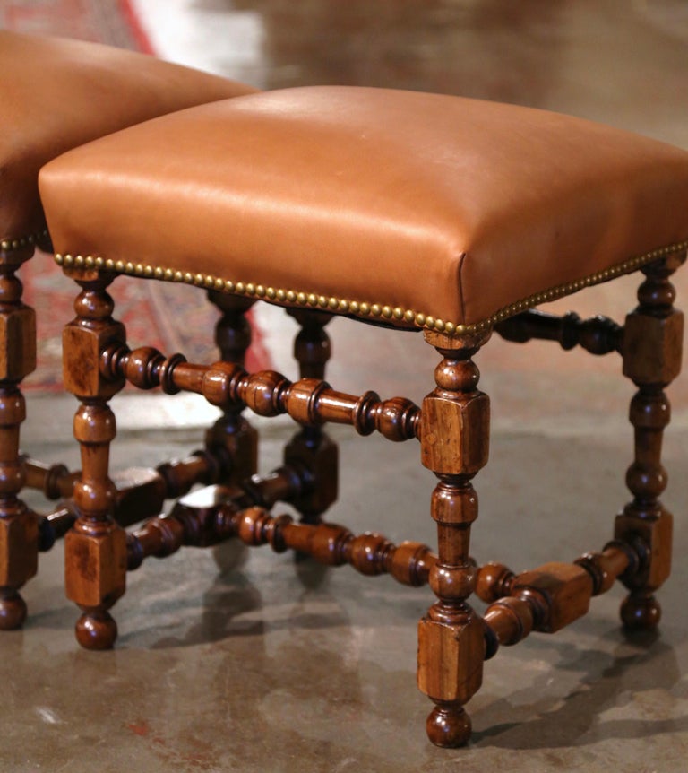 Pair of 19th Century French Louis XIII Carved Oak and Tan Leather ...