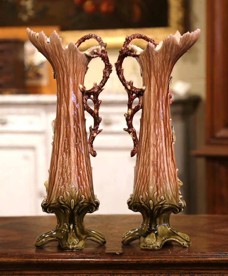 Pair of 19th Century French Painted Ceramic Barbotine Vases with Floral ...