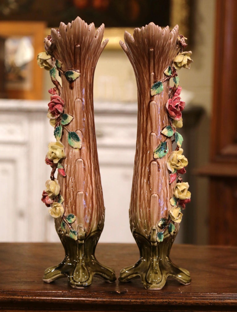Pair of 19th Century French Painted Ceramic Barbotine Vases with Floral ...