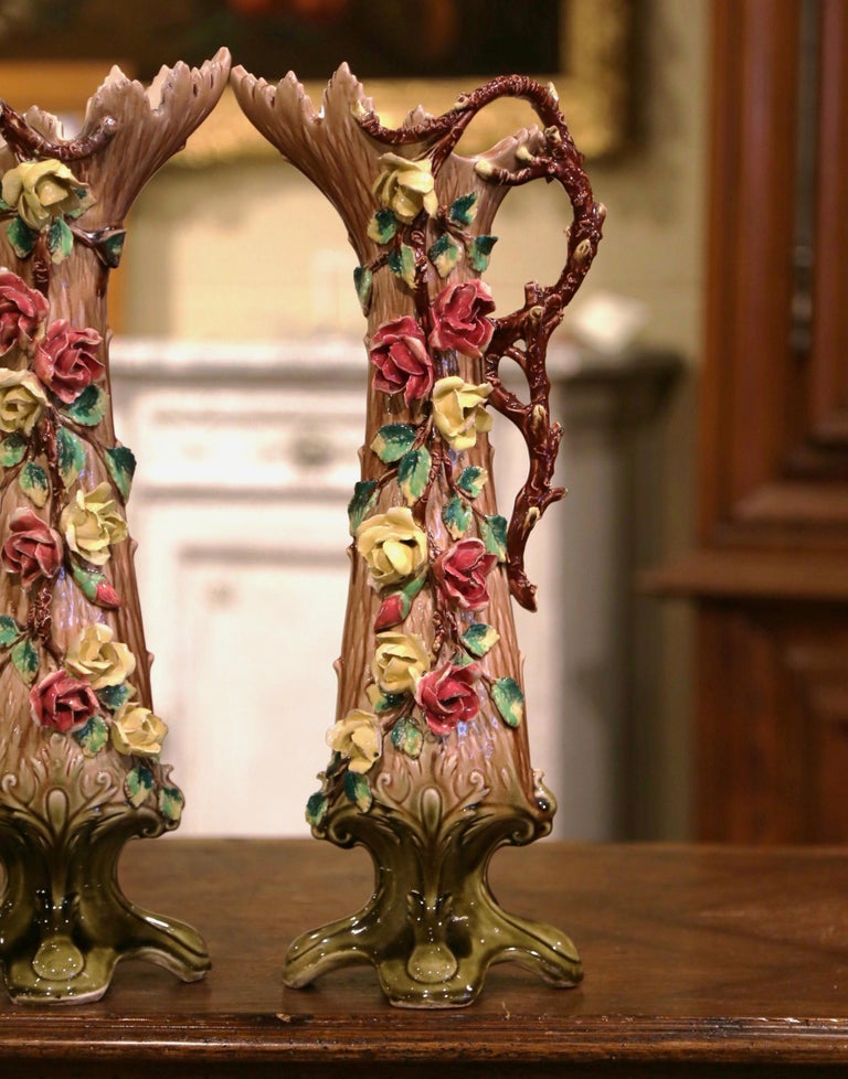 Pair of 19th Century French Painted Ceramic Barbotine Vases with Floral ...
