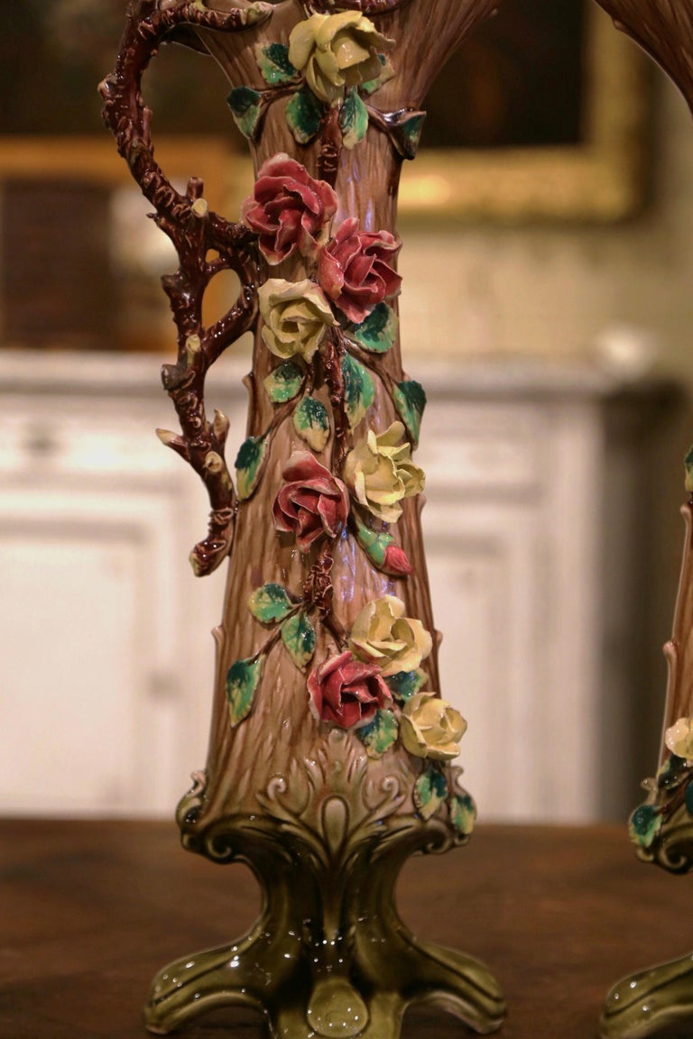 Pair of 19th Century French Painted Ceramic Barbotine Vases with Floral ...