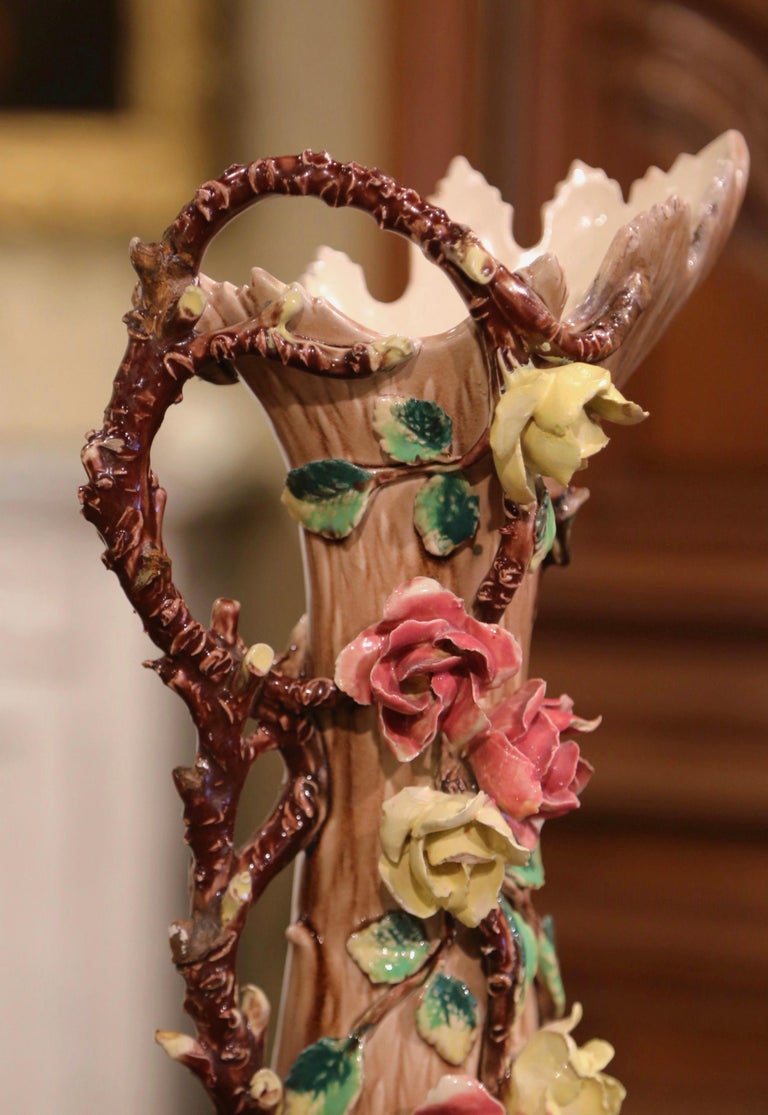 Pair of 19th Century French Painted Ceramic Barbotine Vases with Floral ...