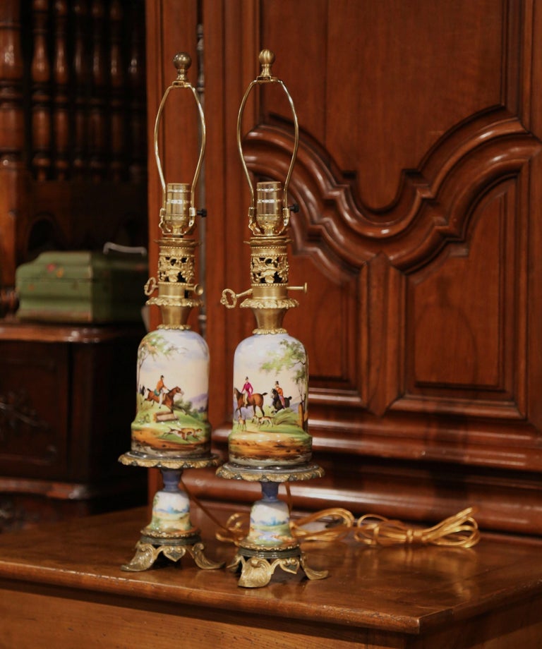 Pair of 19th Century French Painted Porcelain and Brass Oil Lamps with ...