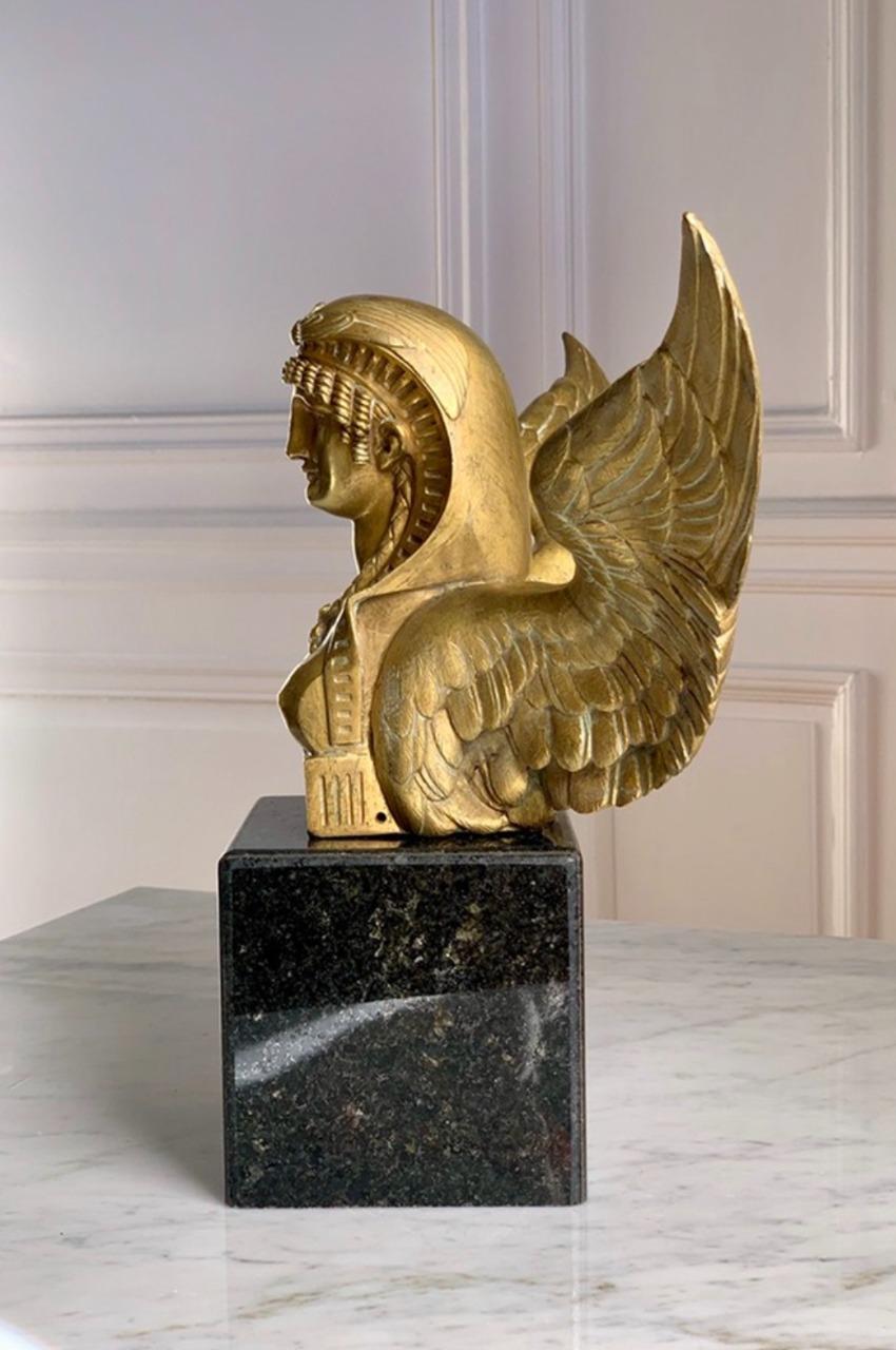Pair of 19th Century French Solid Bronze Winged Sphinx on Marble Bases ...