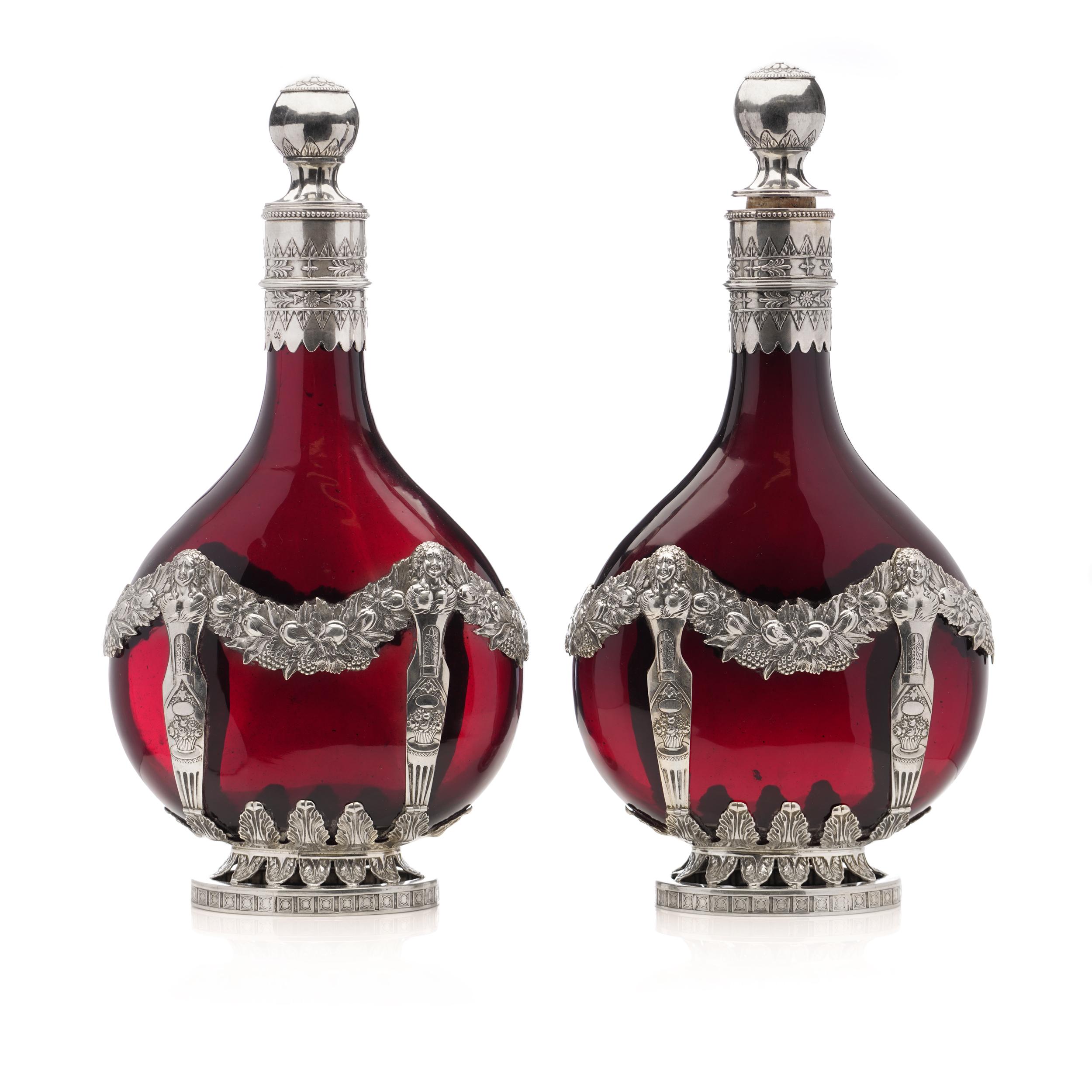 Pair of 19th century German Sliver and red glass decanters, c.1880s For ...