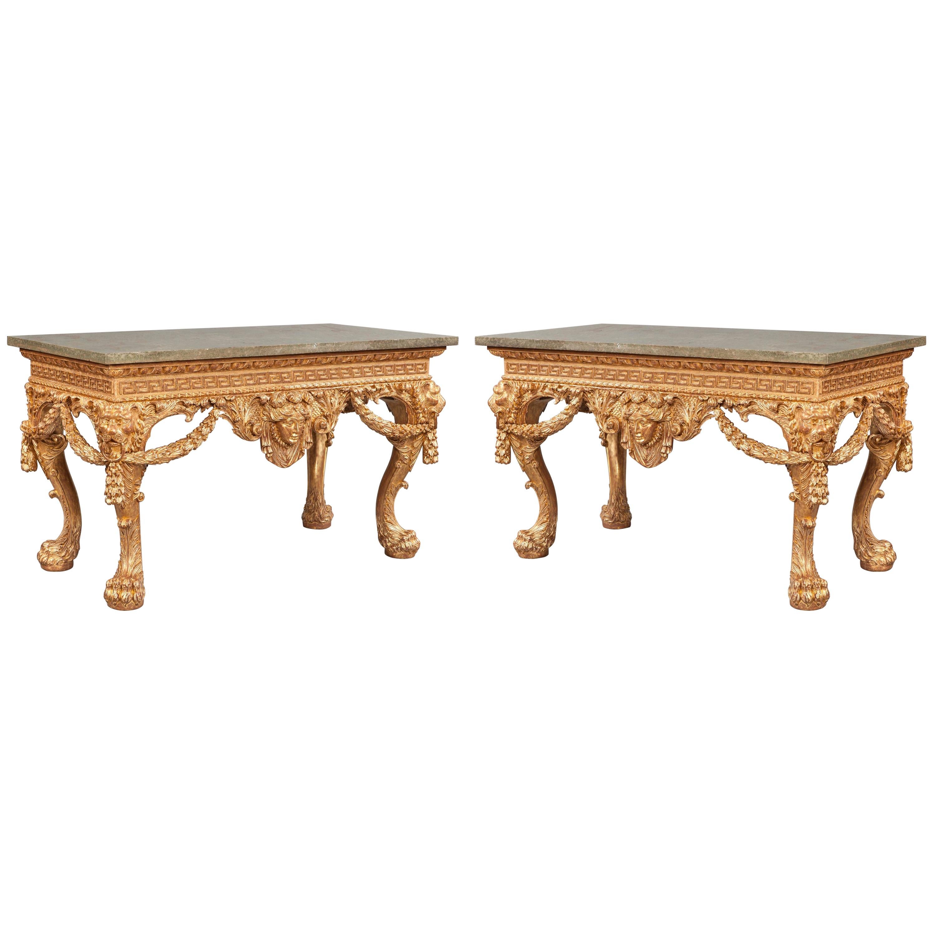 Pair of George II Style Giltwood and Grey Marble Eagle Console Tables ...