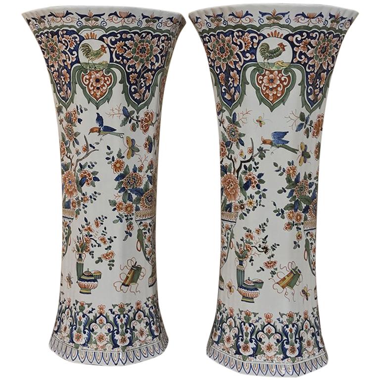 Pair of 19th Century Grand Hand-Painted Delft Vases at 1stdibs