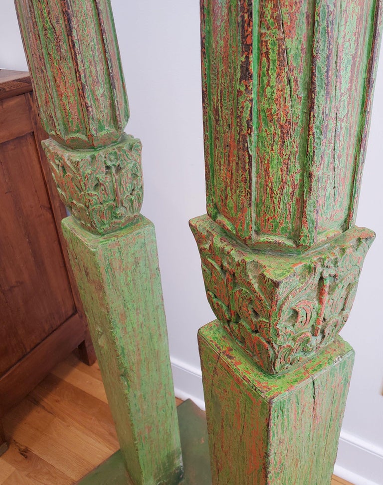 Pair of 19th Century Indonesian Carved Green and Red Painted Teak ...