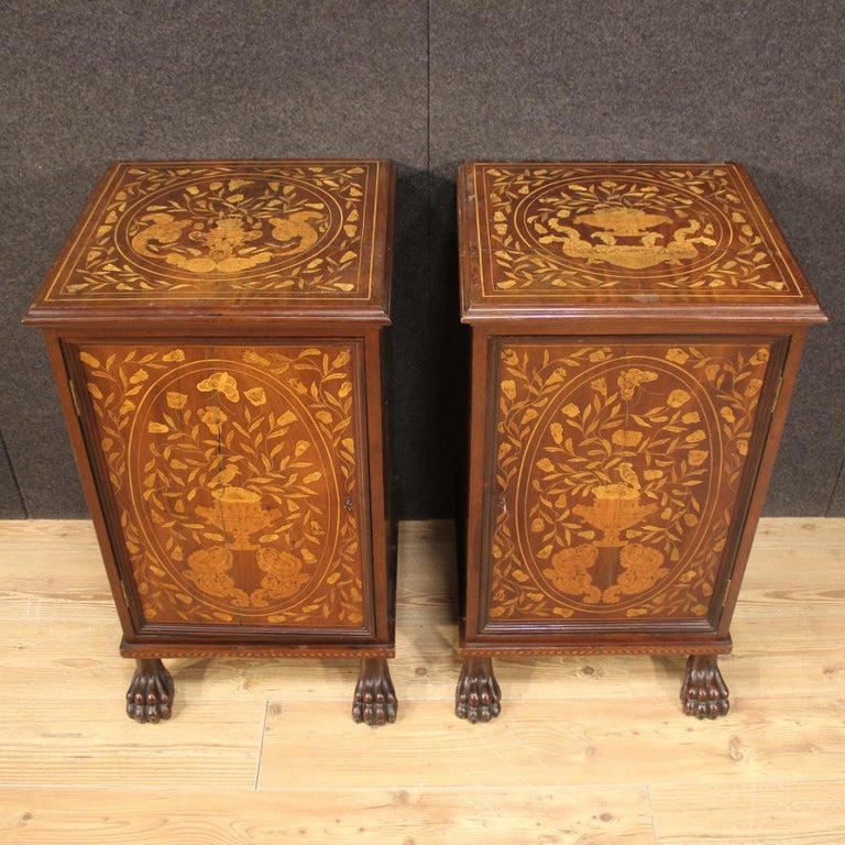 Pair of 19th Century Inlaid Wood Antique Dutch Nightstands, 1890 at 1stDibs