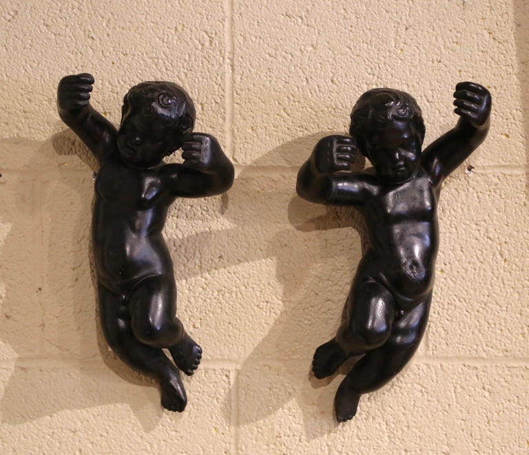 Pair of 19th Century Italian Carved Blackened Wall Hanging Cherub ...