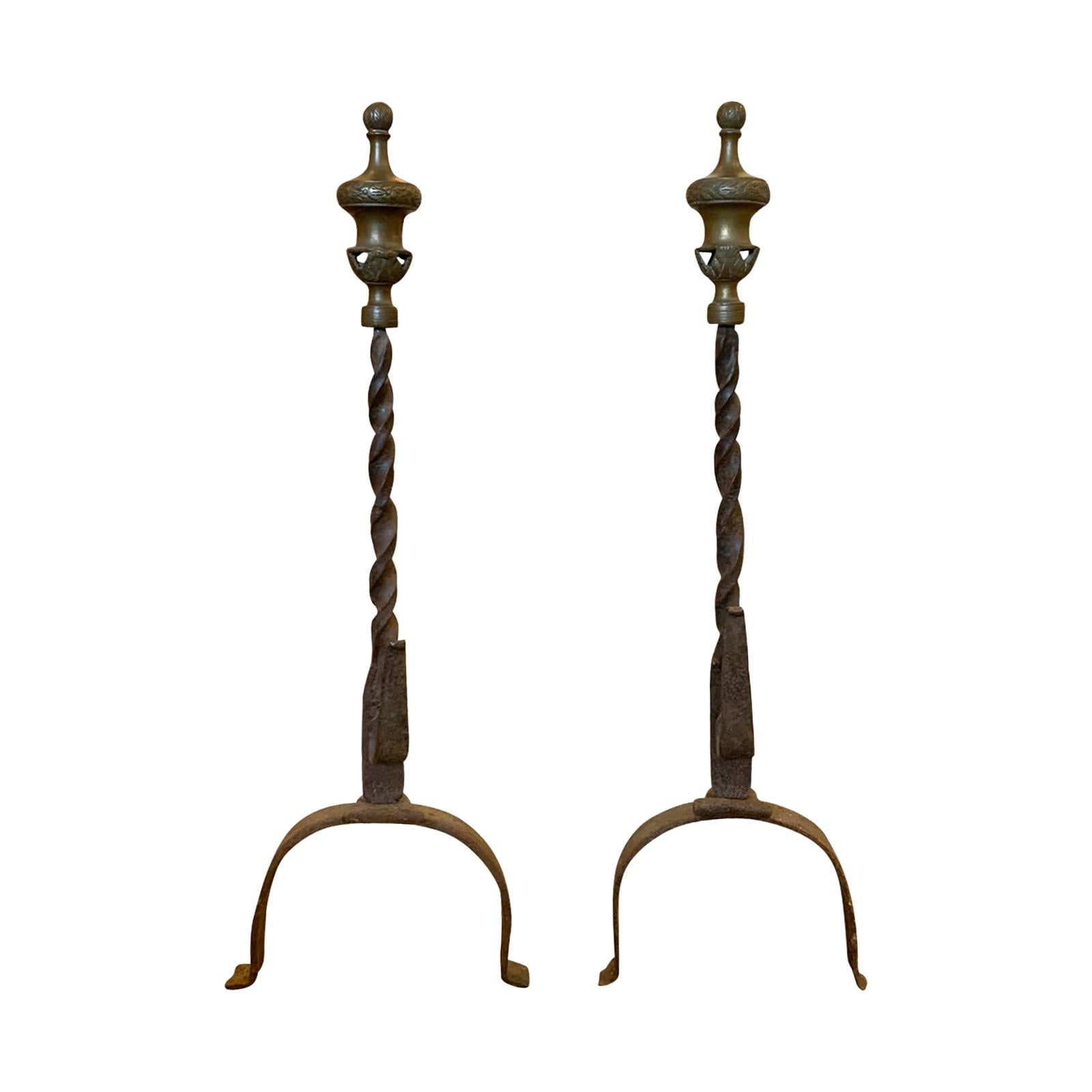 Pair of 19th Century Continental Hand Forged Bronze and Iron Andirons ...