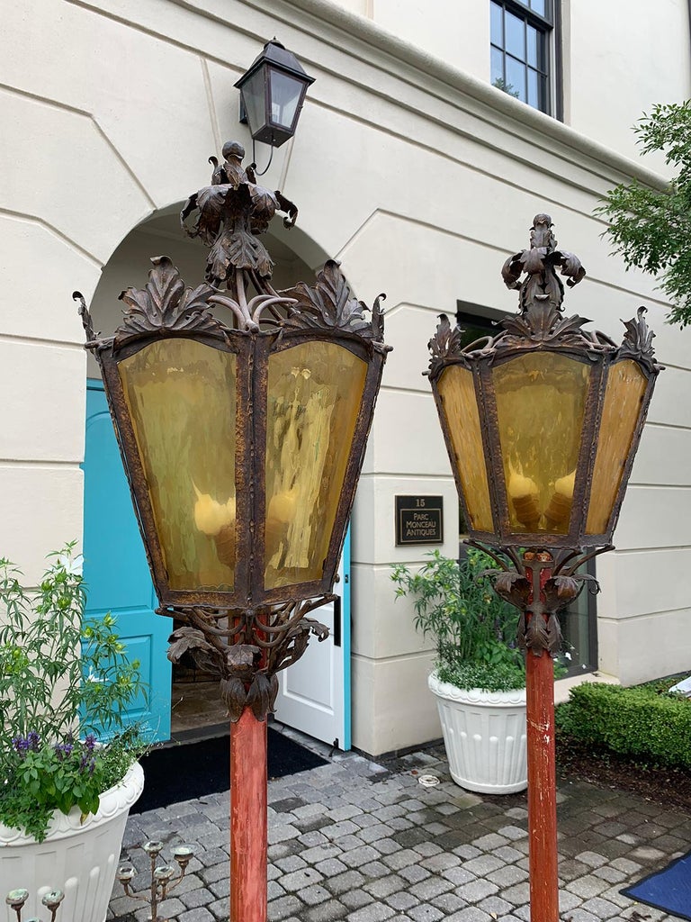 Pair of 19th Century Italian Lanterns on Wooden Pole, Beautiful Bases ...