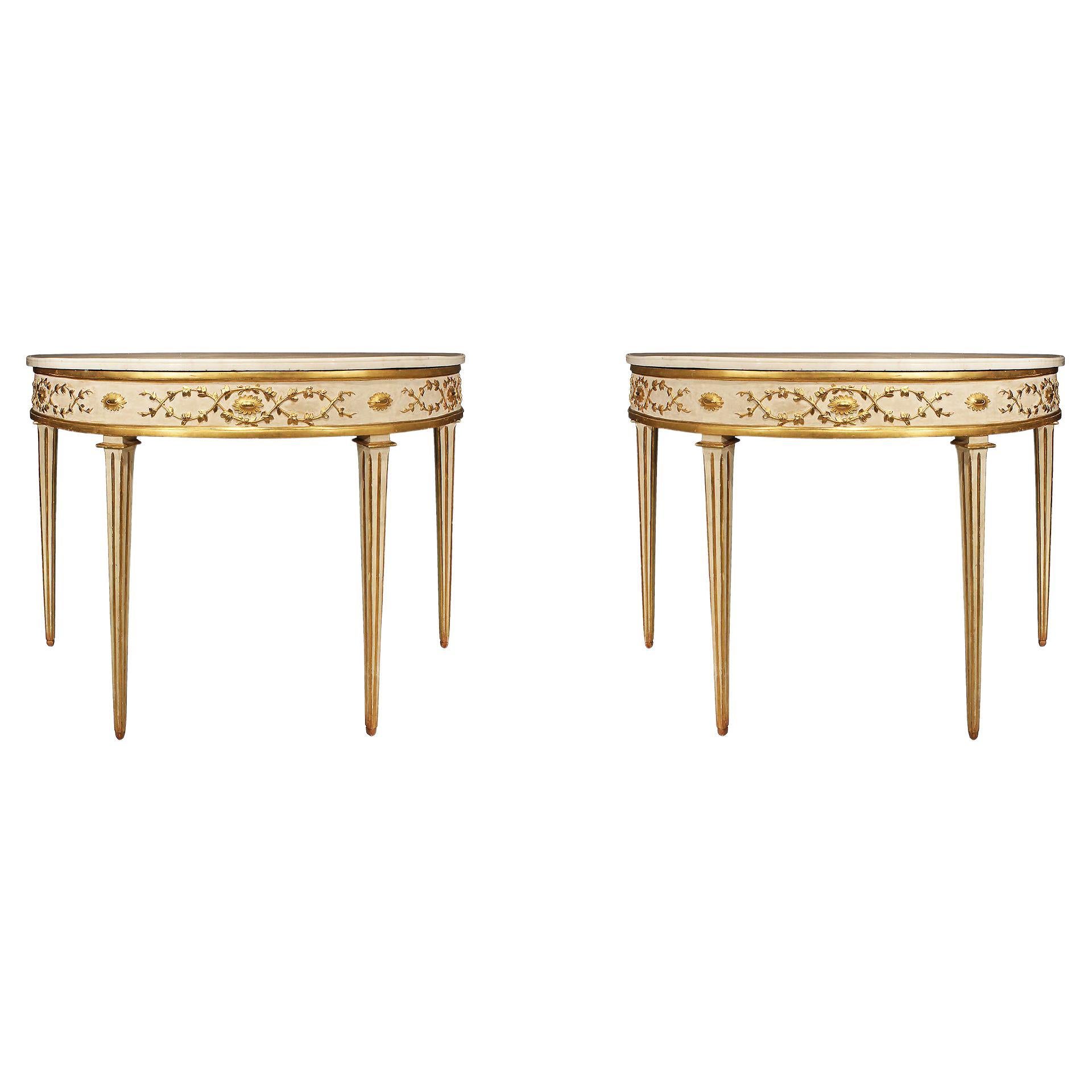 Pair of 19th Century Louis XVI Carved Painted Demilune Consoles with ...