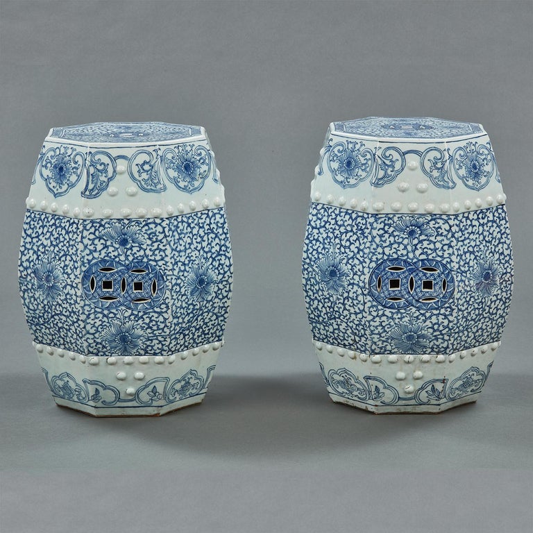 Pair of 19th Century Octagonal Chinese Blue and White Porcelain Garden ...
