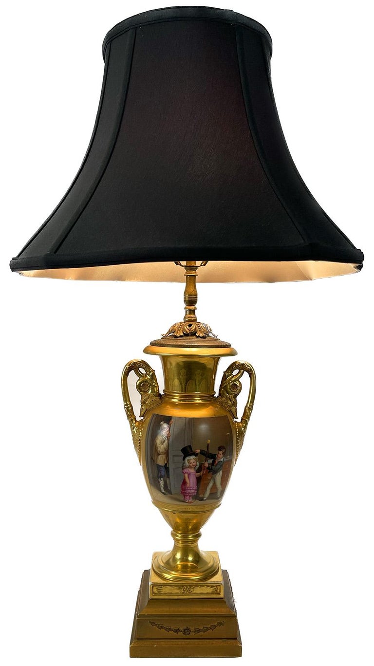 Pair of 19th Century Porcelain Painted Genre Scene Lamps For Sale at ...
