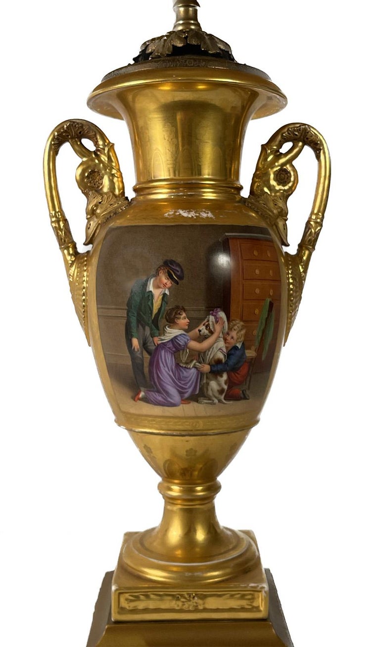 Pair of 19th Century Porcelain Painted Genre Scene Lamps For Sale at ...
