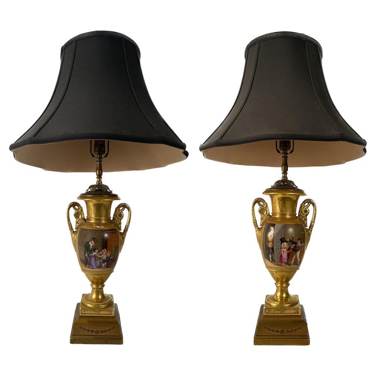 Pair of 19th Century Porcelain Painted Genre Scene Lamps For Sale at ...
