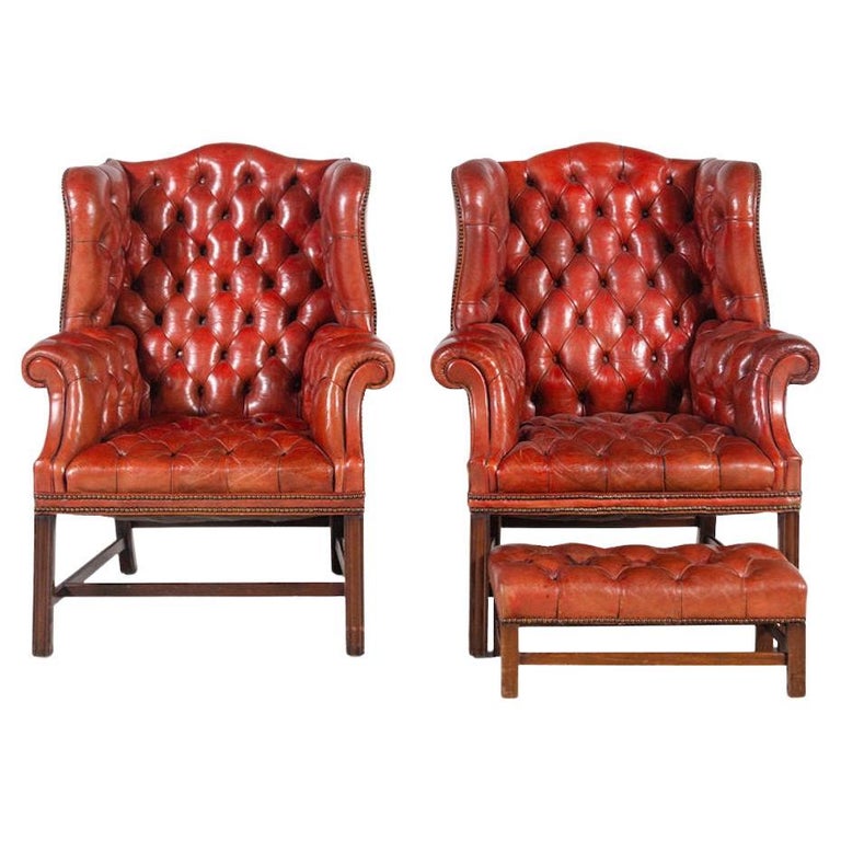Pair of 19th Century Red Leather Covered Wingback Chairs For Sale at ...