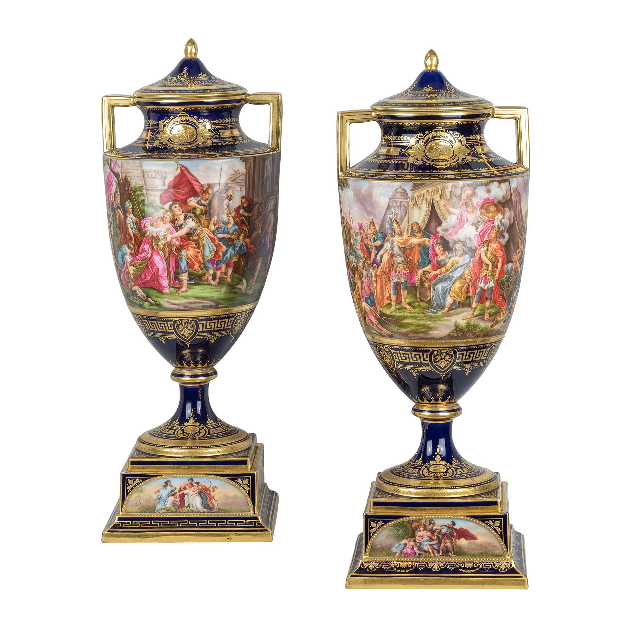 Pair of Royal Vienna Painted Porcelain Urn and Cover For Sale at 1stDibs