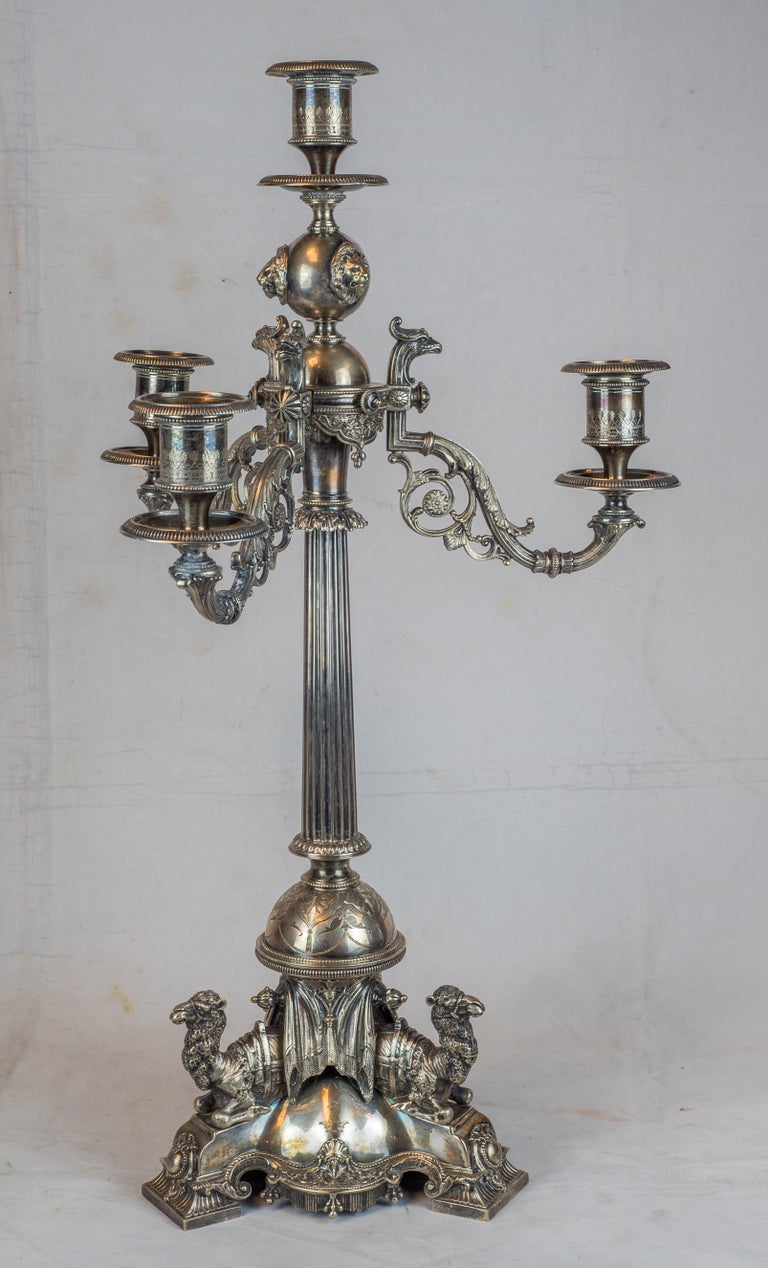 Pair of 19th Century Silvered Bronze Four-Light Candelabra on Camel ...