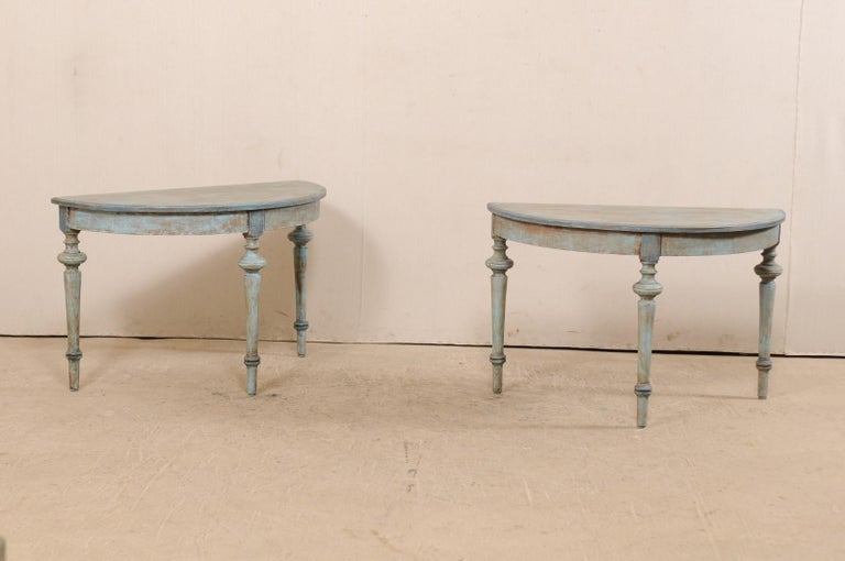 Pair of 19th Century Swedish Carved and Turned Wood Blue Demilune ...