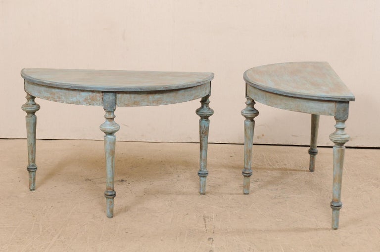 Pair of 19th Century Swedish Carved and Turned Wood Blue Demilune ...
