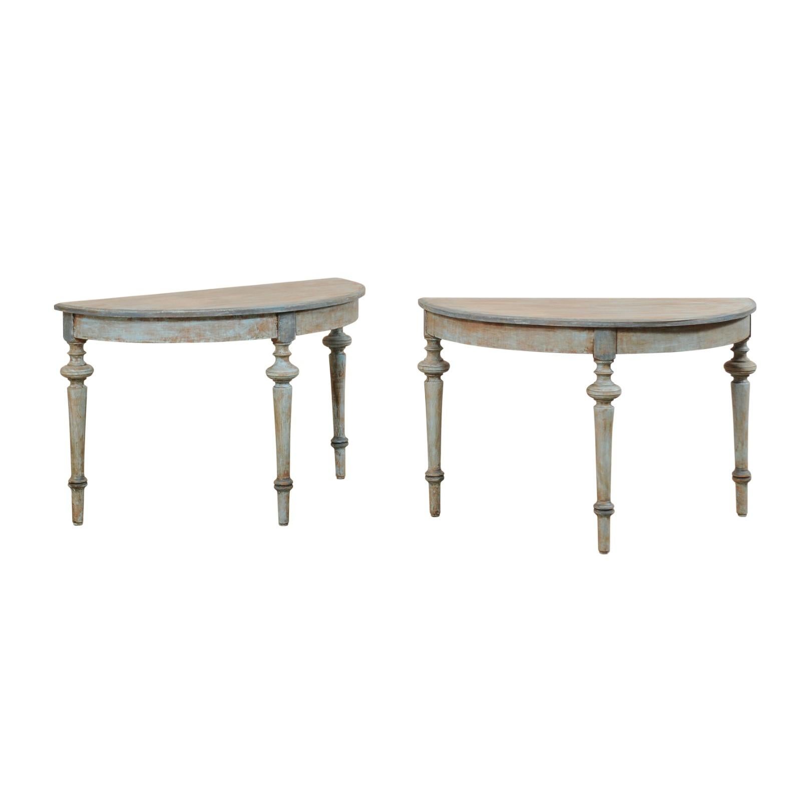 Pair of 19th Century Swedish Carved and Turned Wood Blue Demilune ...
