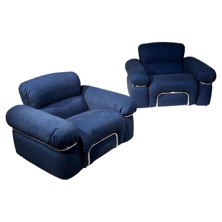 Pair of 2 blue Italian easy chairs by Piazzesi For Sale at 1stDibs