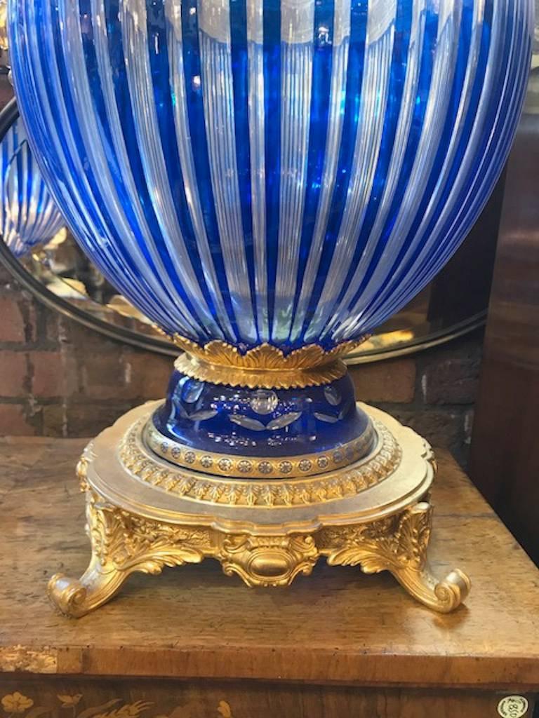 Pair of 20th Century Blue Bohemian Crystal Urns For Sale at 1stDibs