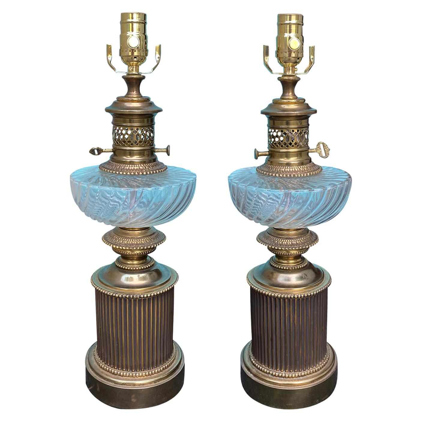 Pair of Baccarat Molded Crystal Lamps with Original Fonts and Brass ...