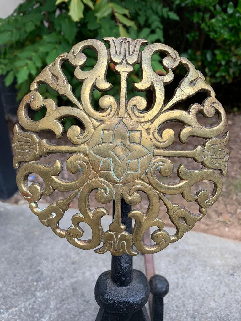 Pair of 20th Century Iron Andirons with Brass Medallions at 1stDibs
