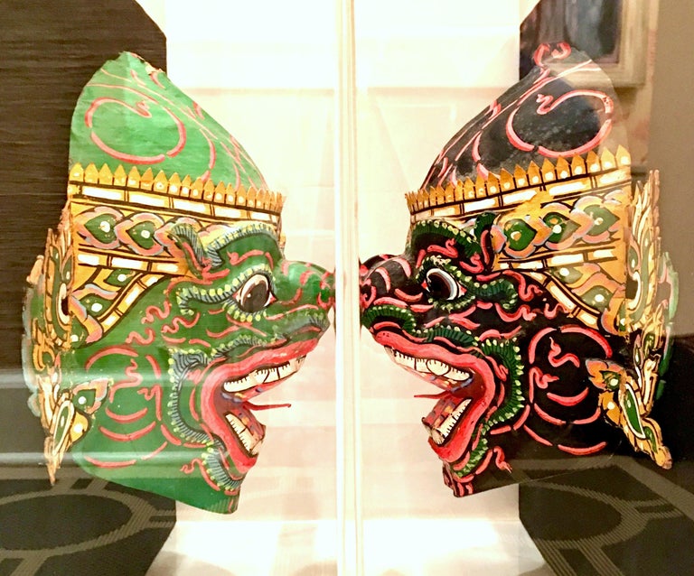 Pair Of 20th Century Lucite Shadow Box Mounted Hand-Painted Tribal ...