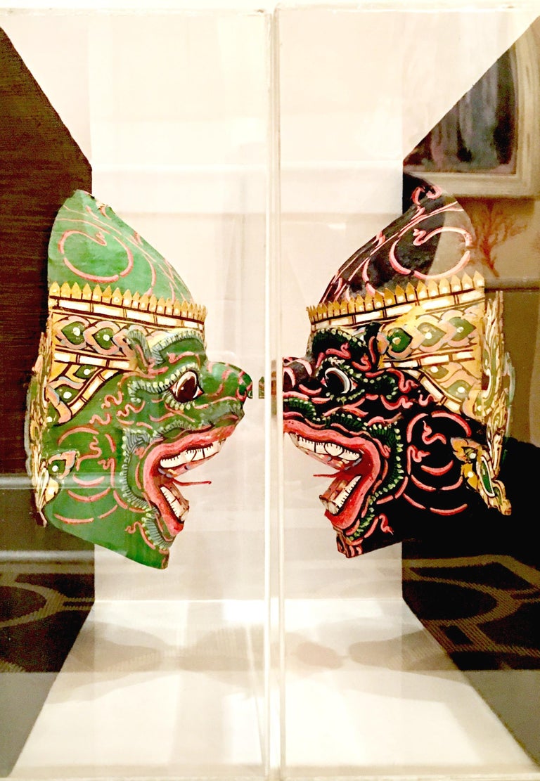 Pair Of 20th Century Lucite Shadow Box Mounted Hand-Painted Tribal ...