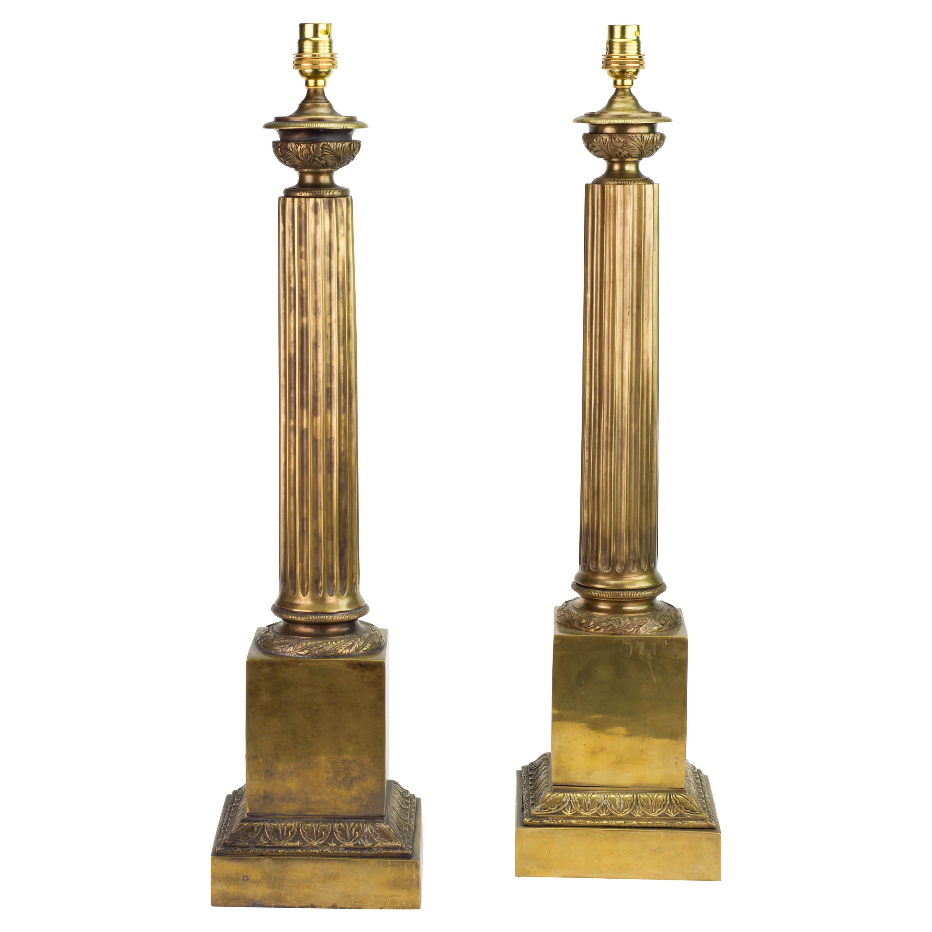 Fine Pair of Classical Column Lamps of Chrome and Brass at 1stDibs