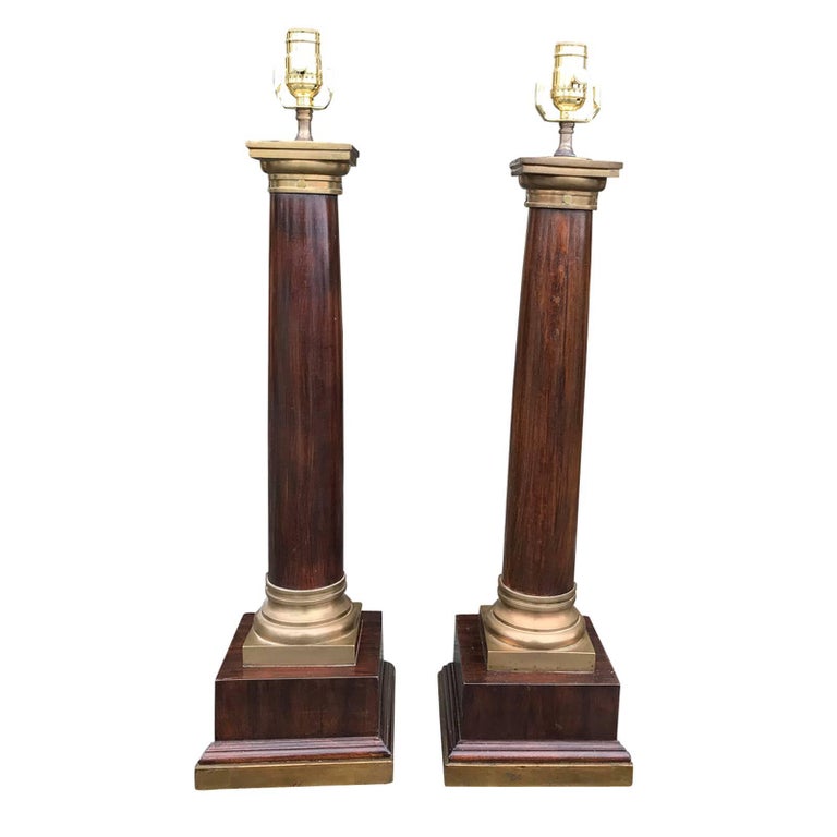 Fine Pair of Classical Column Lamps of Chrome and Brass For Sale at 1stdibs