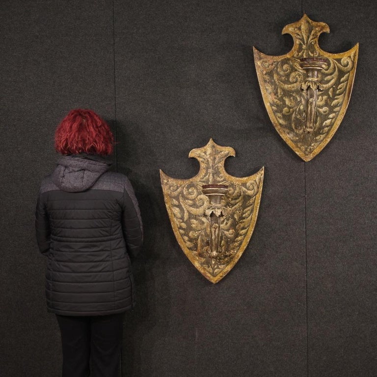 Pair of 20th Century Painted Wood Medieval Style Tuscan Sconces, 1950 ...