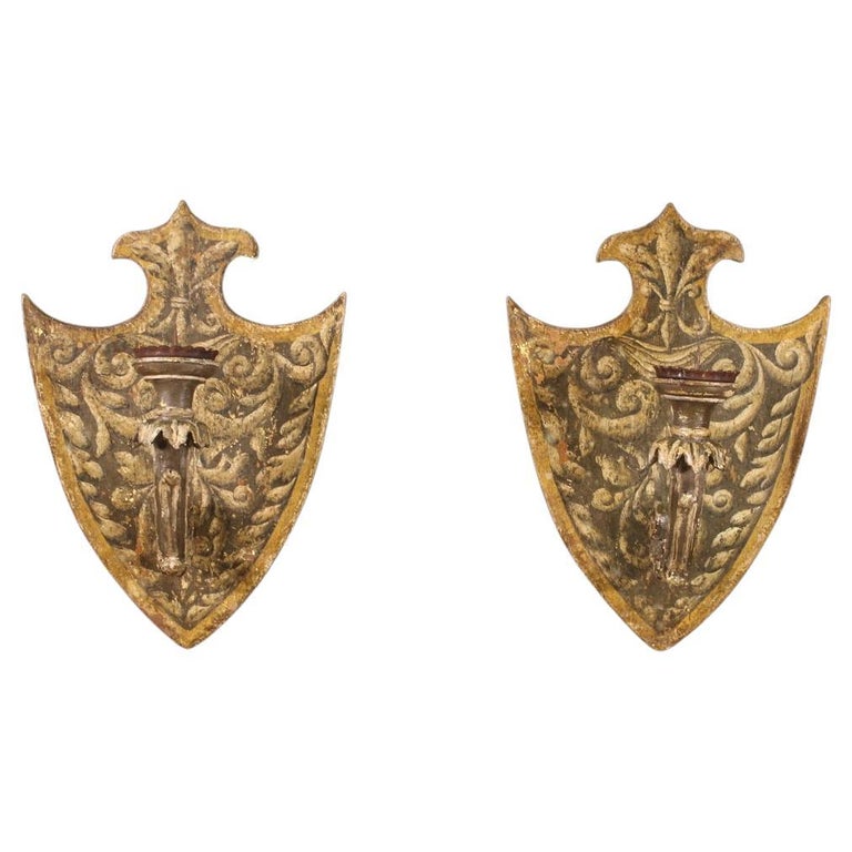Pair of 20th Century Painted Wood Medieval Style Tuscan Sconces, 1950 ...