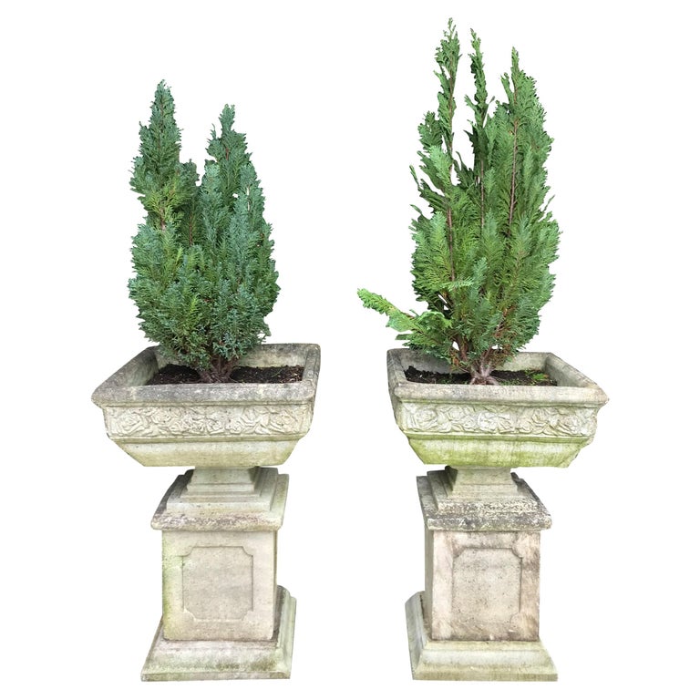Pair of 20th Century Recon Stone Garden Planters on Plinths at 1stDibs