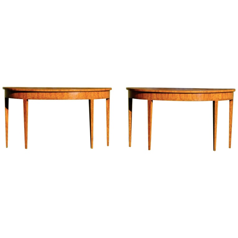 Pair of 20th Century Satinwood and Inlaid Demilune Adam Style Console ...