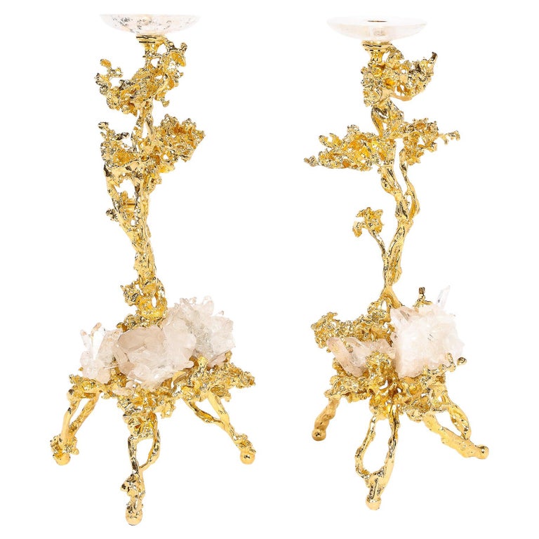 Pair of 24K Gold Single Branch Candleholders w/ Rock Crystals by Claude ...