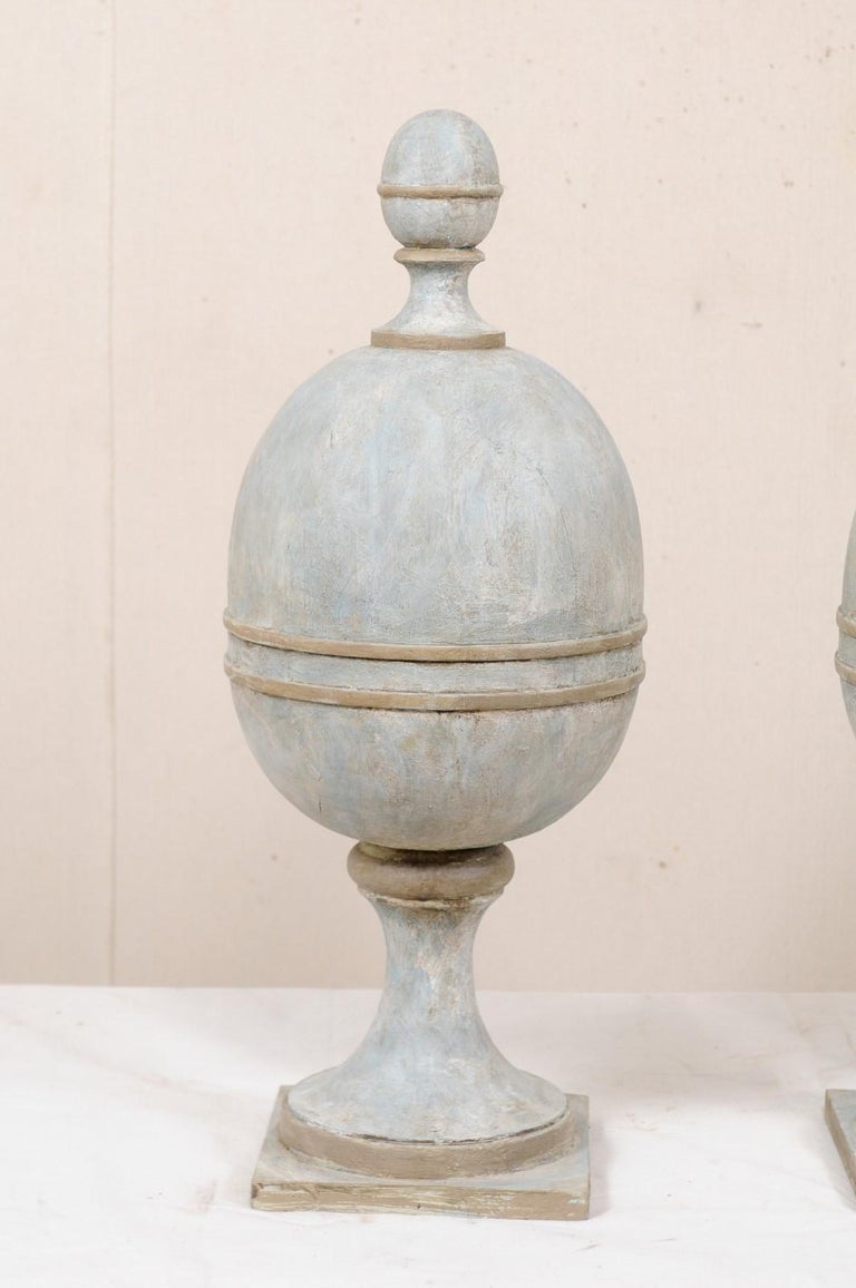 Pair of Artisan-Crafted Solid Wood Finials in Blue and Gray Color at ...