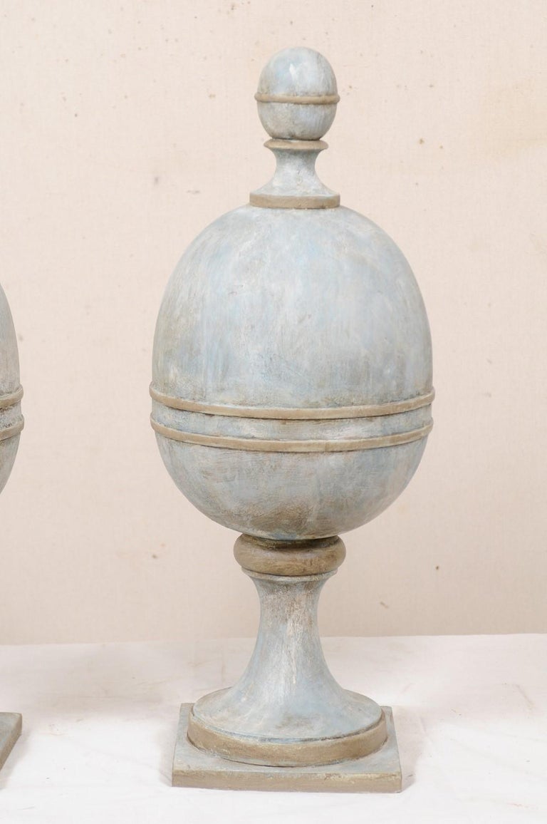 Pair of Artisan-Crafted Solid Wood Finials in Blue and Gray Color at ...